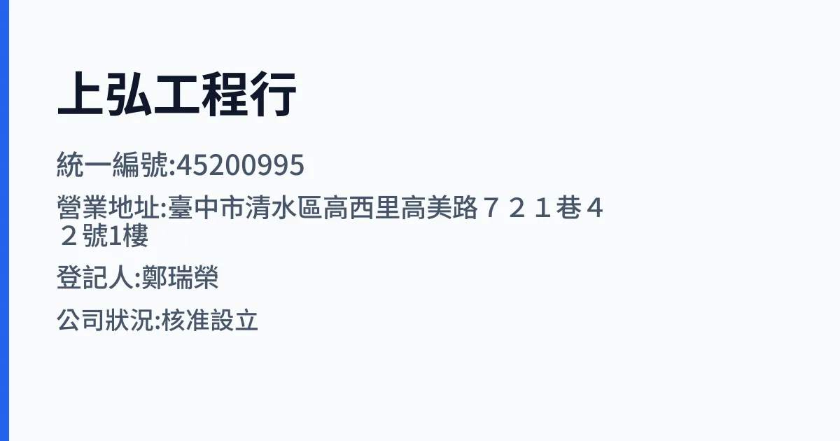 上弘工程行 - 統編 45200995(臺中市) 公司登記資料與營業項目詳細圖表