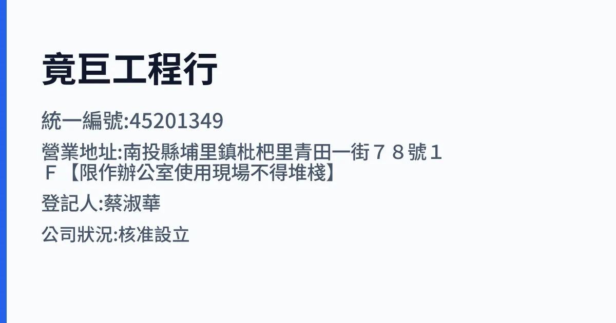 竟巨工程行 - 統編 45201349(南投縣) 公司登記資料與營業項目詳細圖表