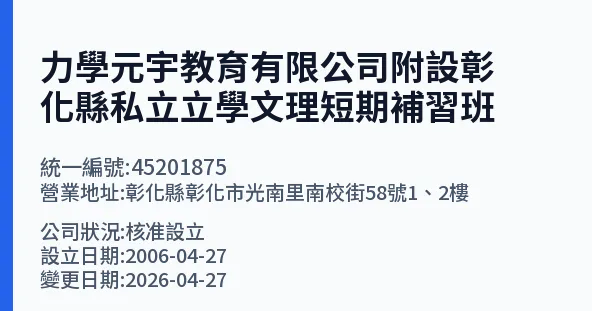 力學元宇教育有限公司附設彰化縣私立立學文理短期補習班的照片-統編 45201875(彰化縣) 公司登記資料與營業項目詳細圖表