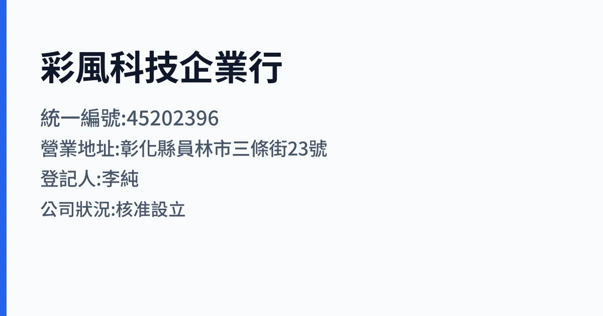 彩風科技企業行 - 統編 45202396(彰化縣) 公司登記資料與營業項目詳細圖表