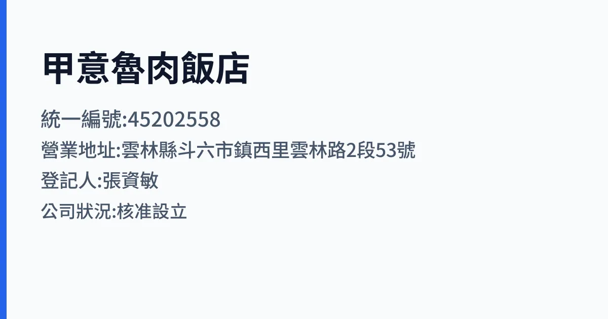 甲意魯肉飯店 - 統編 45202558(雲林縣) 公司登記資料與營業項目詳細圖表