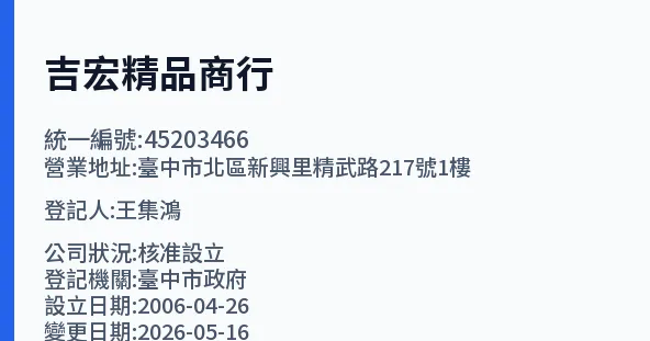 吉宏精品商行的照片-統編 45203466(臺中市) 公司登記資料與營業項目詳細圖表