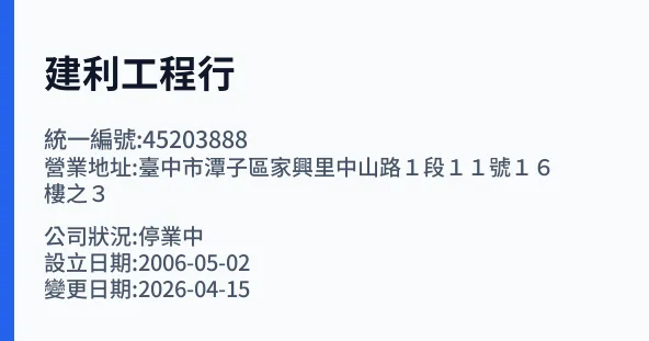 建利工程行的照片-統編 45203888(臺中市) 公司登記資料與營業項目詳細圖表