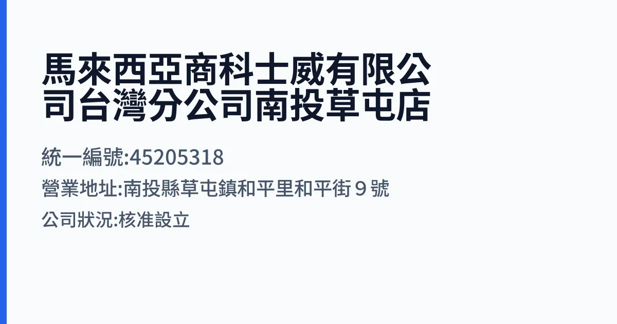 馬來西亞商科士威有限公司台灣分公司南投草屯店 - 統編 45205318(南投縣) 公司登記資料與營業項目詳細圖表
