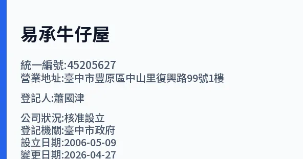 易承牛仔屋的照片-統編 45205627(臺中市) 公司登記資料與營業項目詳細圖表