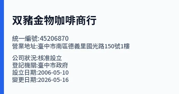 双豬金物咖啡商行的照片-統編 45206870(臺中市) 公司登記資料與營業項目詳細圖表
