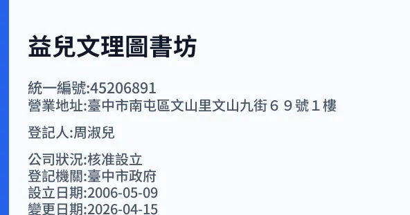 益兒文理圖書坊的照片-統編 45206891(臺中市) 公司登記資料與營業項目詳細圖表