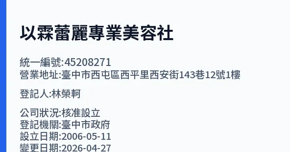 以霖蕾麗專業美容社的照片-統編 45208271(臺中市) 公司登記資料與營業項目詳細圖表