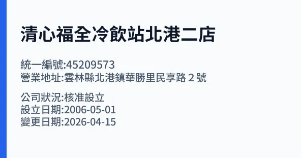 清心福全冷飲站北港二店的照片-統編 45209573(雲林縣) 公司登記資料與營業項目詳細圖表