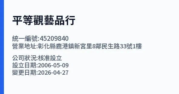 平等觀藝品行的照片-統編 45209840(彰化縣) 公司登記資料與營業項目詳細圖表