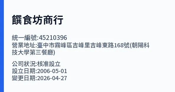 饌食坊商行的照片-統編 45210396(臺中市) 公司登記資料與營業項目詳細圖表