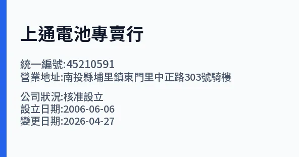 上通電池專賣行的照片-統編 45210591(南投縣) 公司登記資料與營業項目詳細圖表
