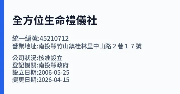 全方位生命禮儀社的照片-統編 45210712(南投縣) 公司登記資料與營業項目詳細圖表