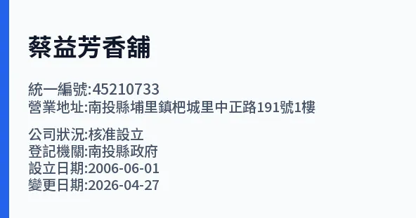 蔡益芳香舖的照片-統編 45210733(南投縣) 公司登記資料與營業項目詳細圖表
