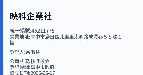 映科企業社的照片-統編 45211775(臺中市) 公司登記資料與營業項目詳細圖表