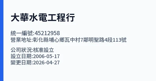 大華水電工程行的照片-統編 45212958(彰化縣) 公司登記資料與營業項目詳細圖表