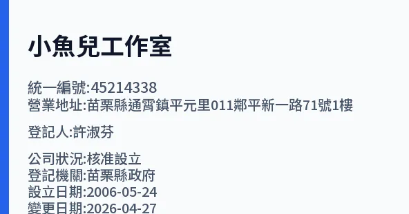 小魚兒工作室的照片-統編 45214338(苗栗縣) 公司登記資料與營業項目詳細圖表