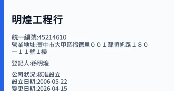 明煌工程行的照片-統編 45214610(臺中市) 公司登記資料與營業項目詳細圖表