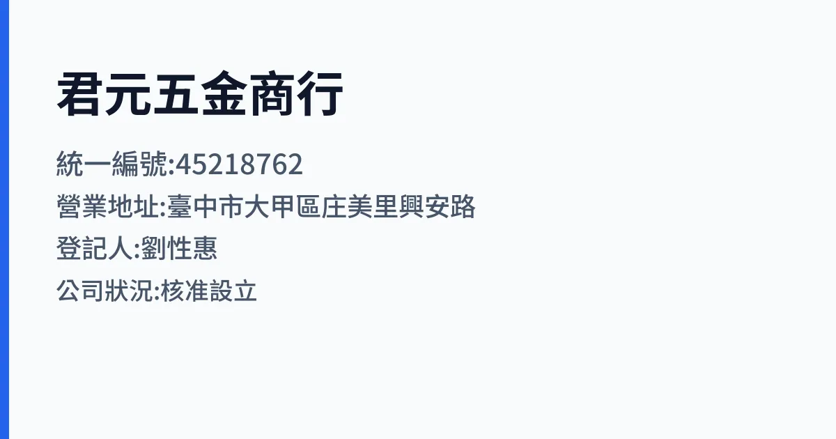 君元五金商行 - 統編 45218762(臺中市) 公司登記資料與營業項目詳細圖表