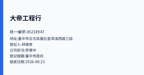 大帝工程行的照片-統編 45218947(臺中市) 公司登記資料與營業項目詳細圖表