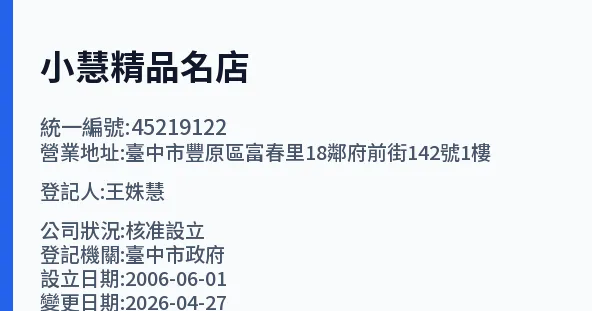 小慧精品名店的照片-統編 45219122(臺中市) 公司登記資料與營業項目詳細圖表