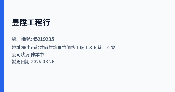 昱陞工程行的照片-統編 45219235(臺中市) 公司登記資料與營業項目詳細圖表