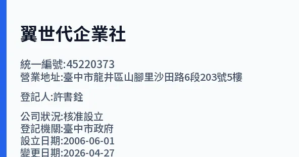 翼世代企業社的照片-統編 45220373(臺中市) 公司登記資料與營業項目詳細圖表