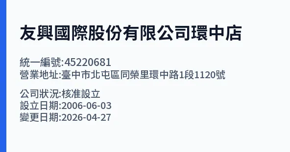 友興國際股份有限公司環中店的照片-統編 45220681(臺中市) 公司登記資料與營業項目詳細圖表