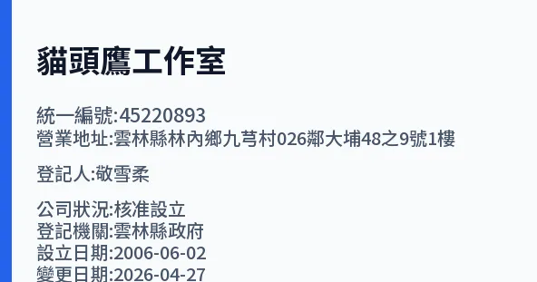 貓頭鷹工作室的照片-統編 45220893(雲林縣) 公司登記資料與營業項目詳細圖表