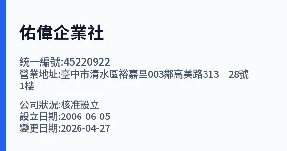 佑偉企業社的照片-統編 45220922(臺中市) 公司登記資料與營業項目詳細圖表