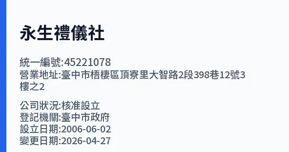 永生禮儀社的照片-統編 45221078(臺中市) 公司登記資料與營業項目詳細圖表