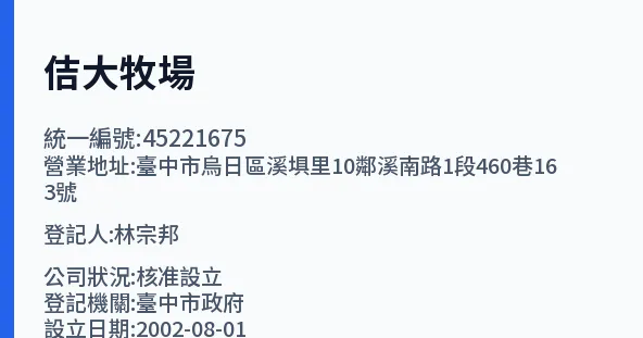 佶大牧場的照片-統編 45221675(臺中市) 公司登記資料與營業項目詳細圖表