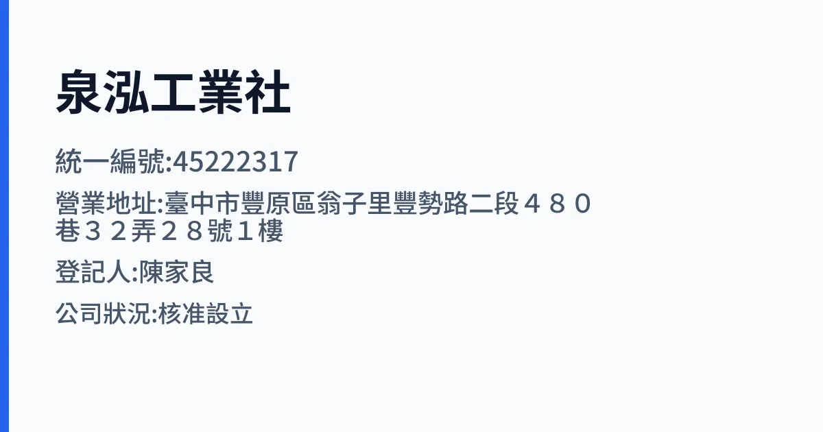 泉泓工業社 - 統編 45222317(臺中市) 公司登記資料與營業項目詳細圖表