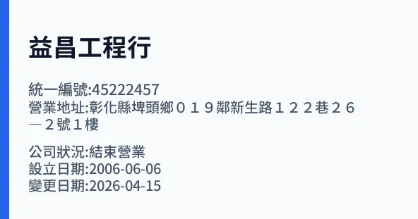 益昌工程行的照片-統編 45222457(彰化縣) 公司登記資料與營業項目詳細圖表