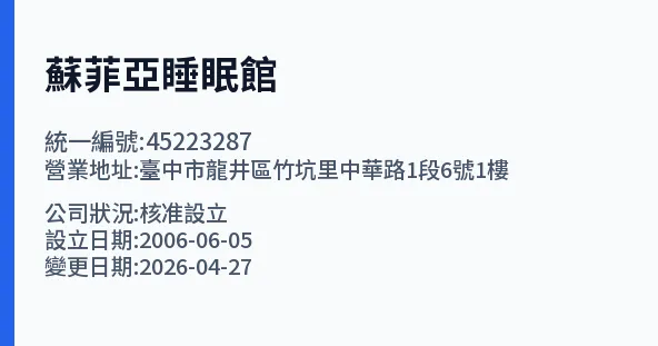 蘇菲亞睡眠館的照片-統編 45223287(臺中市) 公司登記資料與營業項目詳細圖表