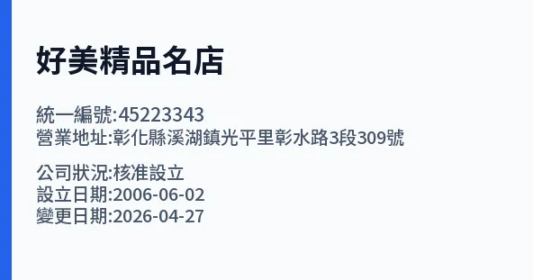 好美精品名店的照片-統編 45223343(彰化縣) 公司登記資料與營業項目詳細圖表