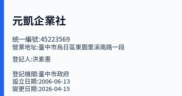 元凱企業社的照片-統編 45223569(臺中市) 公司登記資料與營業項目詳細圖表