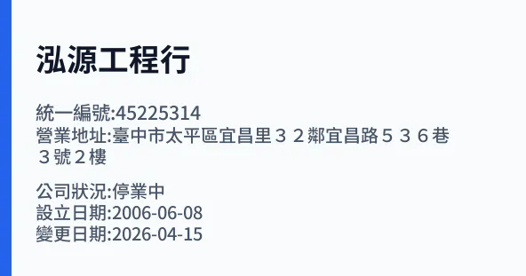 泓源工程行的照片-統編 45225314(臺中市) 公司登記資料與營業項目詳細圖表