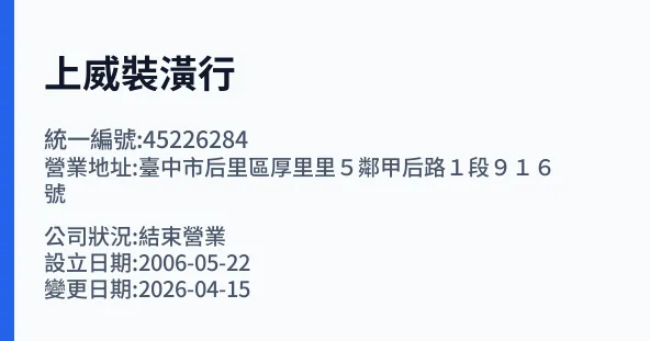 上威裝潢行的照片-統編 45226284(臺中市) 公司登記資料與營業項目詳細圖表