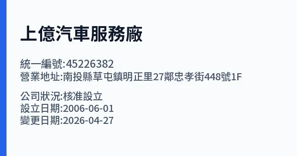 上億汽車服務廠的照片-統編 45226382(南投縣) 公司登記資料與營業項目詳細圖表