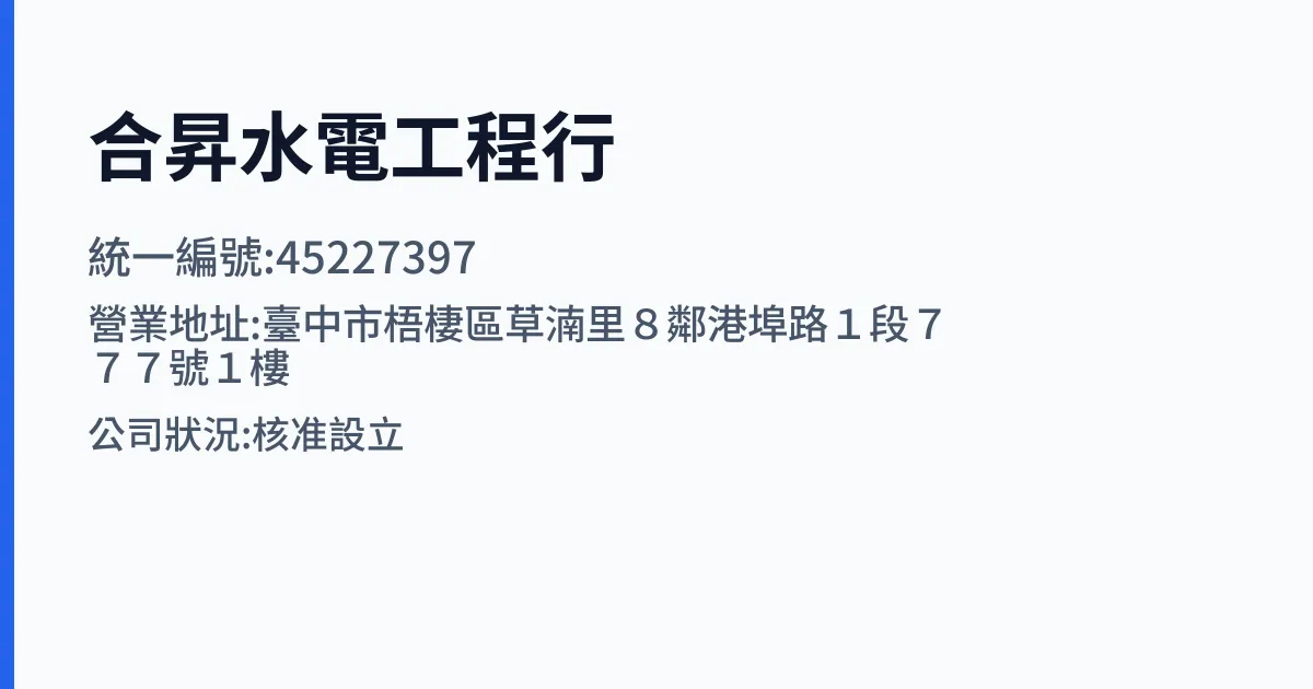 合昇水電工程行 - 統編 45227397(臺中市) 公司登記資料與營業項目詳細圖表