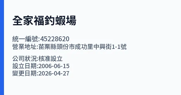 全家福釣蝦場的照片-統編 45228620(苗栗縣) 公司登記資料與營業項目詳細圖表
