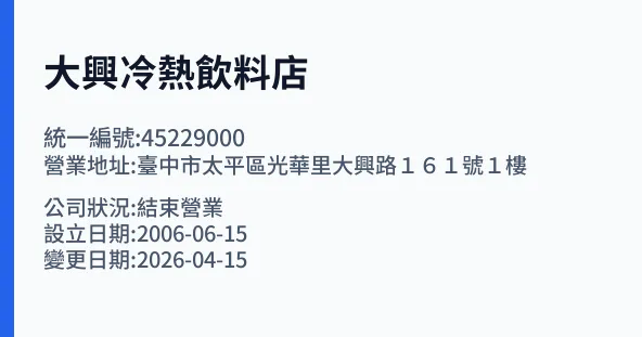 大興冷熱飲料店的照片-統編 45229000(臺中市) 公司登記資料與營業項目詳細圖表