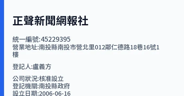 正聲新聞網報社的照片-統編 45229395(南投縣) 公司登記資料與營業項目詳細圖表