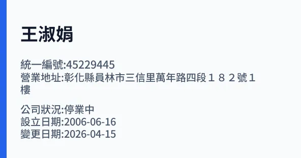 王淑娟的照片-統編 45229445(彰化縣) 公司登記資料與營業項目詳細圖表