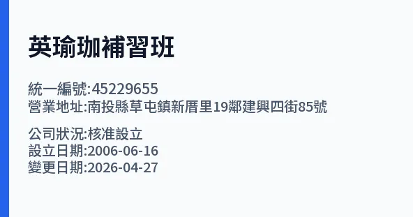 英瑜珈補習班的照片-統編 45229655(南投縣) 公司登記資料與營業項目詳細圖表