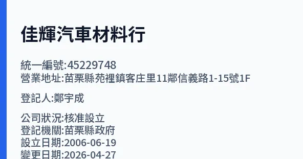 佳輝汽車材料行的照片-統編 45229748(苗栗縣) 公司登記資料與營業項目詳細圖表