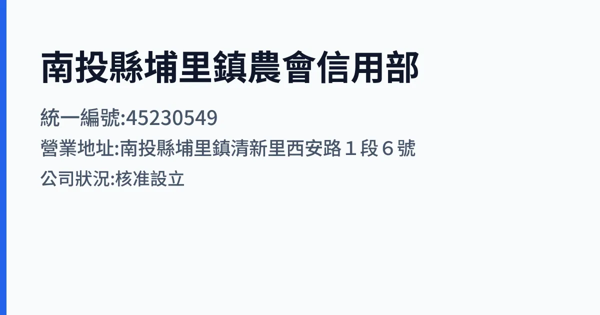 南投縣埔里鎮農會信用部 - 統編 45230549(南投縣) 公司登記資料與營業項目詳細圖表
