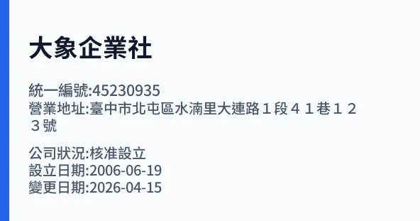 大象企業社的照片-統編 45230935(臺中市) 公司登記資料與營業項目詳細圖表
