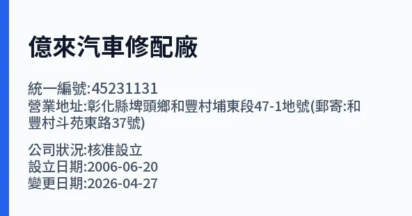 億來汽車修配廠的照片-統編 45231131(彰化縣) 公司登記資料與營業項目詳細圖表